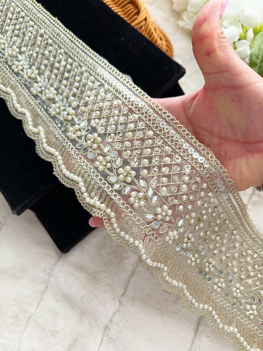 1 Yard Pale Gold Indian Bridal Pearl Stone Mirror Embellished Net ...
