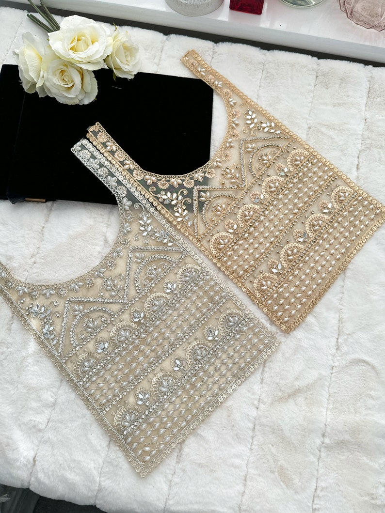 1 Pc Embroidered Applique Sew on Neckline Patch Mirror Pearl Stone ...