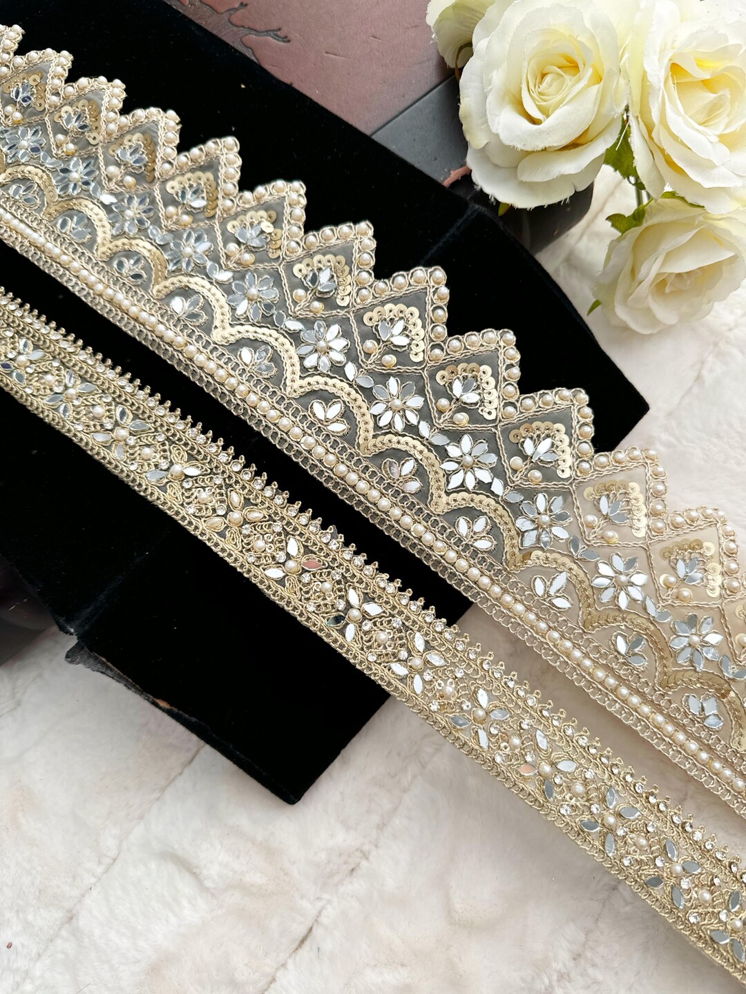 Buy 1 Yard Shampion Gold Indian Zari Mirror Stone Embellished ...