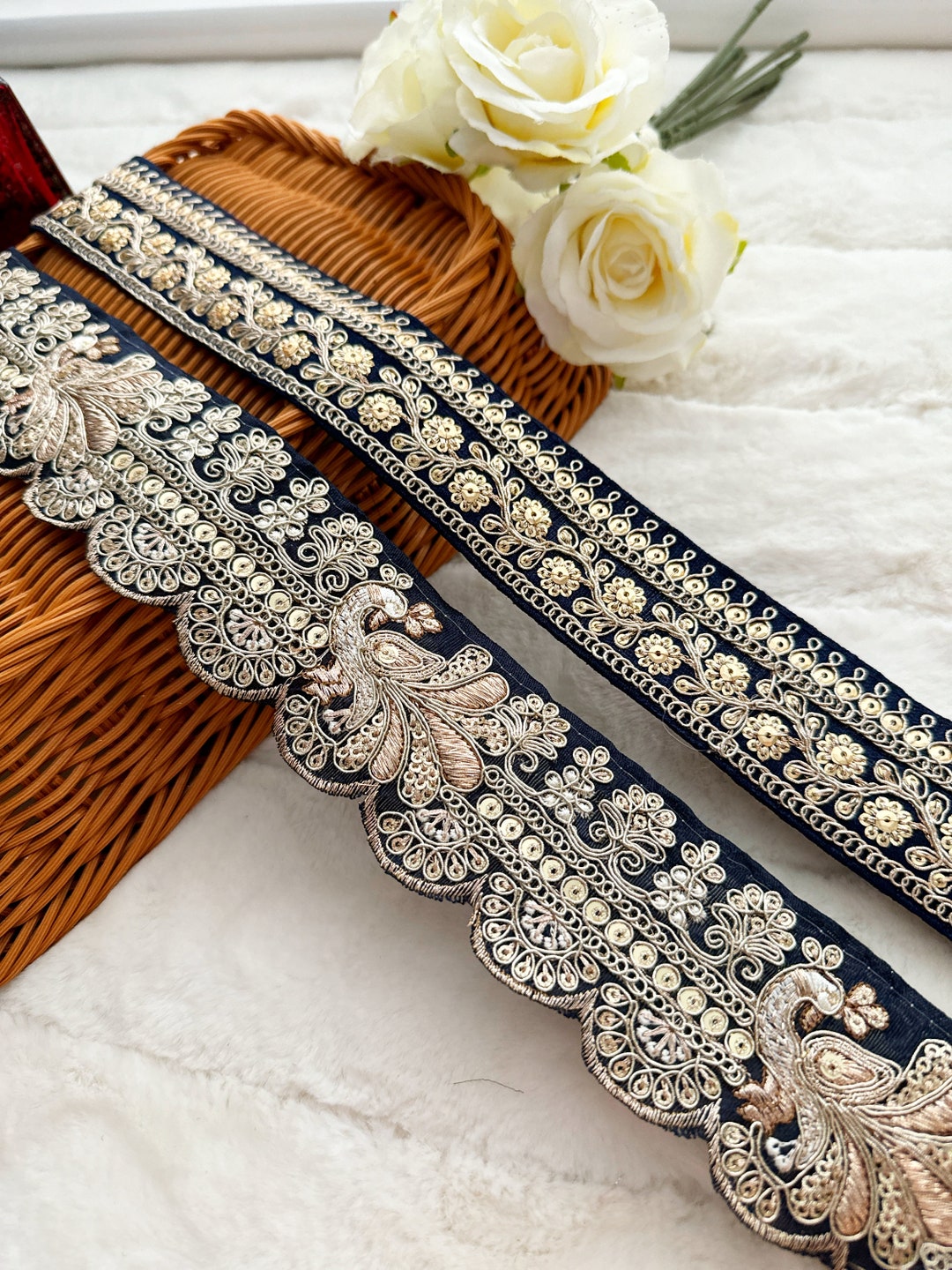 1 Yards Indian Navy Blue Bridal Peacock Scallop Sequin Embellished ...