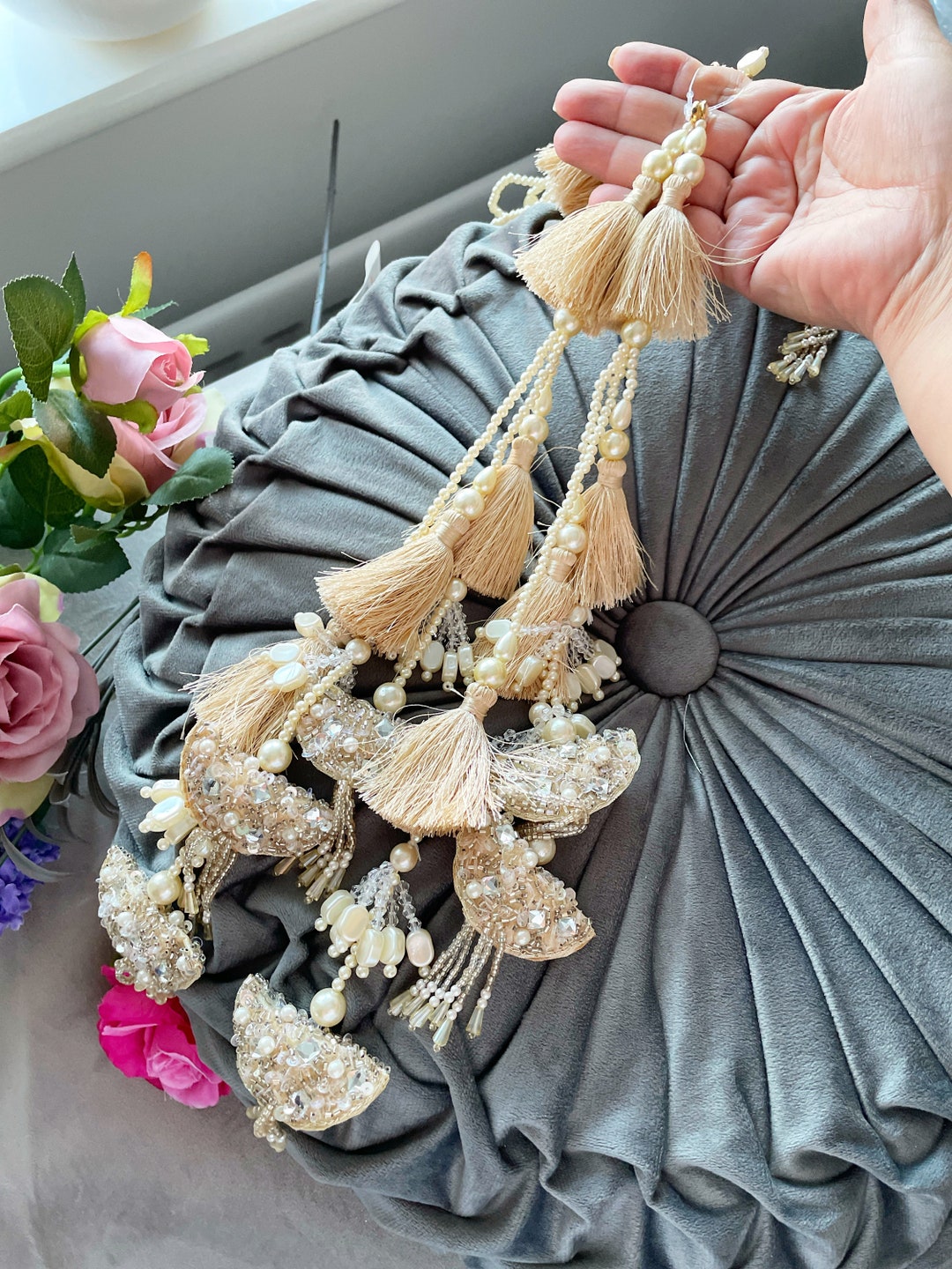 2 Pieces Pale Gold Embroidered Tassels Indian Viscose Thread Fringe ...