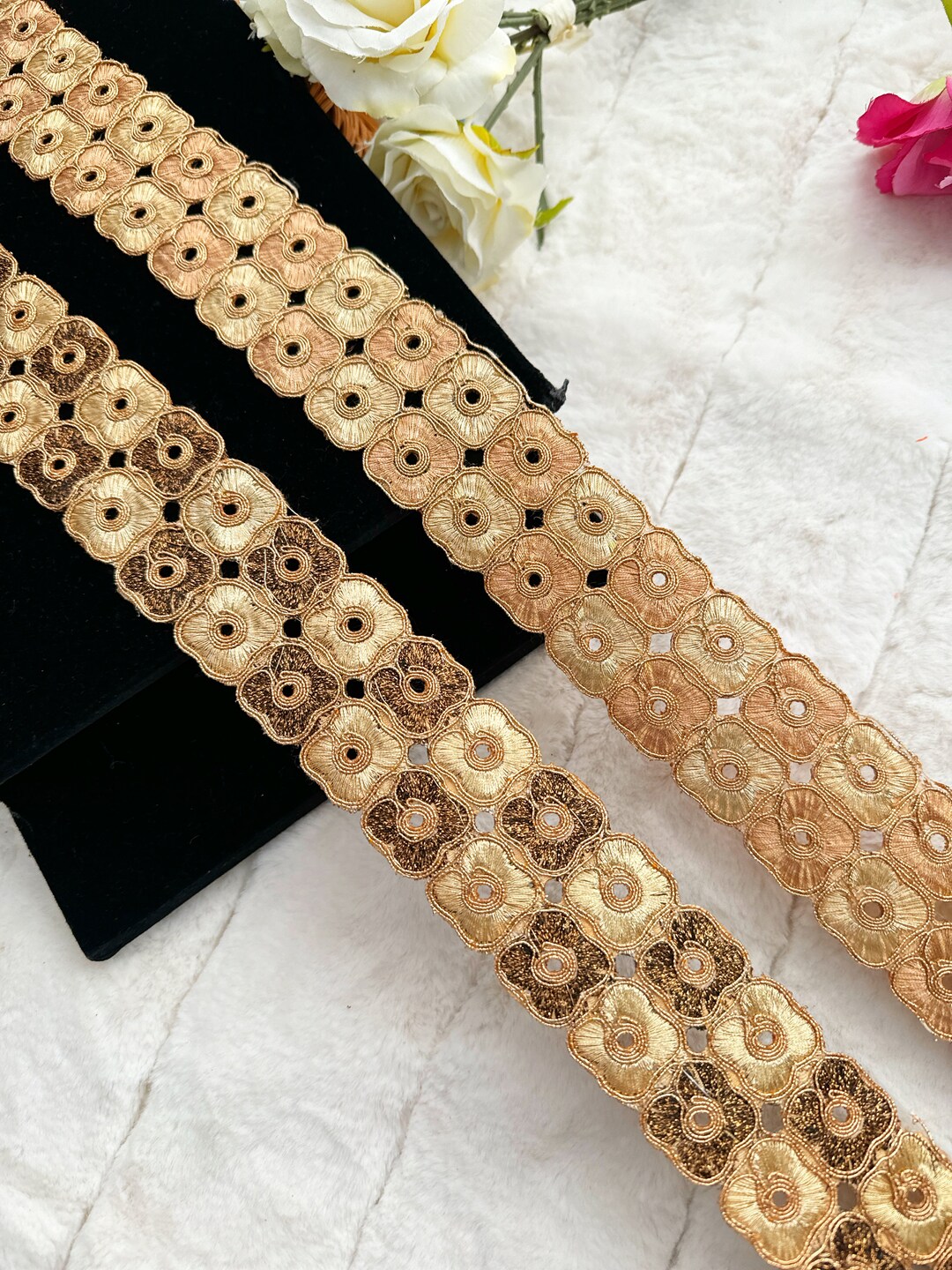 Gold Zari Cutwork Lace Trim, Indian Embellished Sewing Ribbon (3 Yards ...