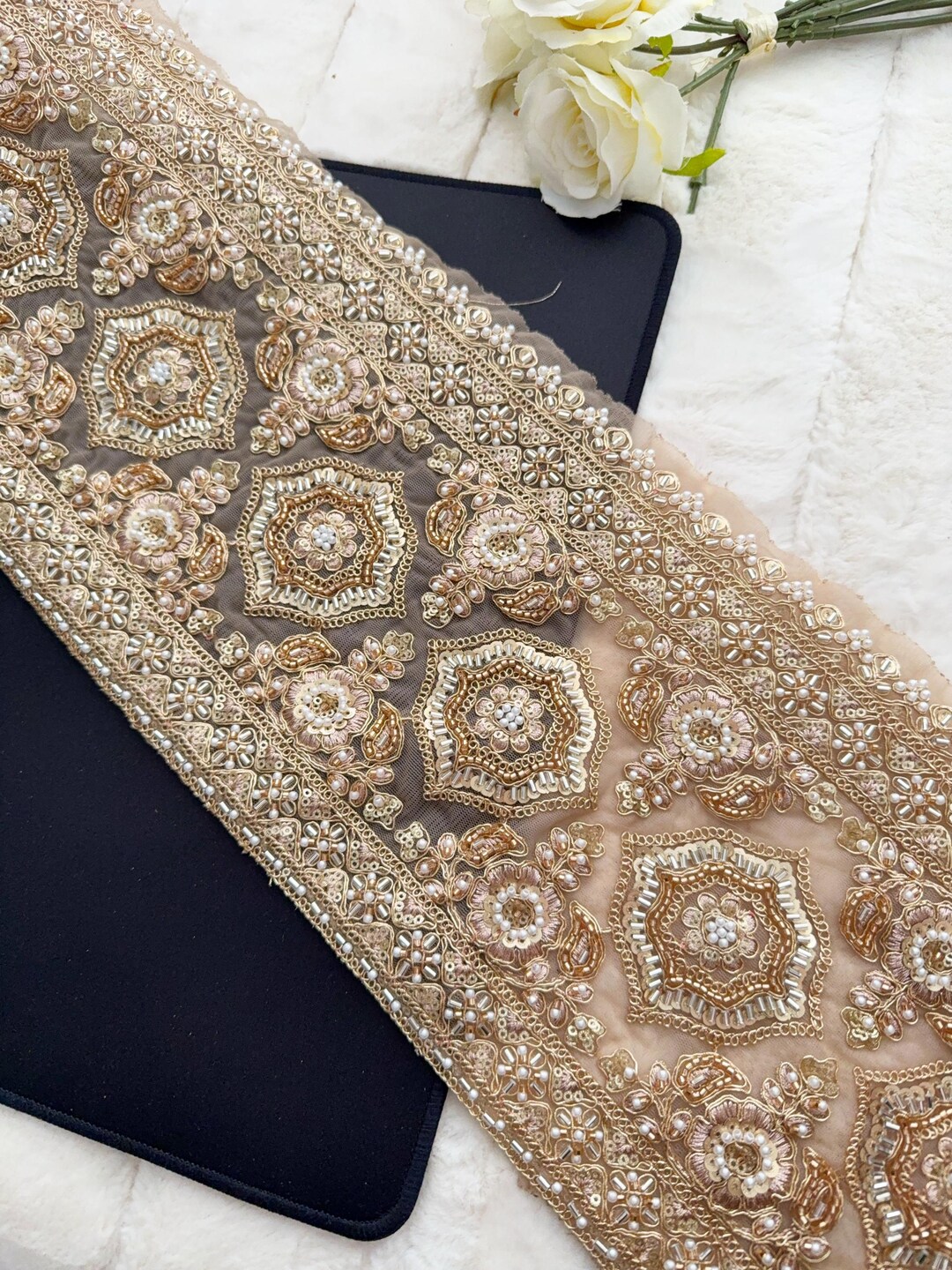 Gold Cutdana Pearl Sequin Lace Trim: Indian Embroidered Bridal Sari ...