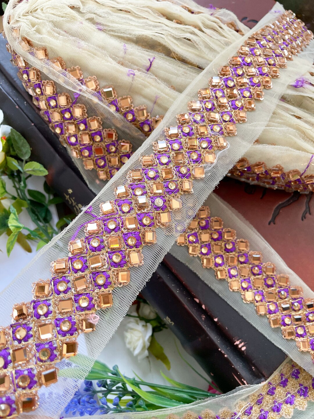 9.5 Yards Fone Purple Embroidered Stone Embellished Indian Vintage ...