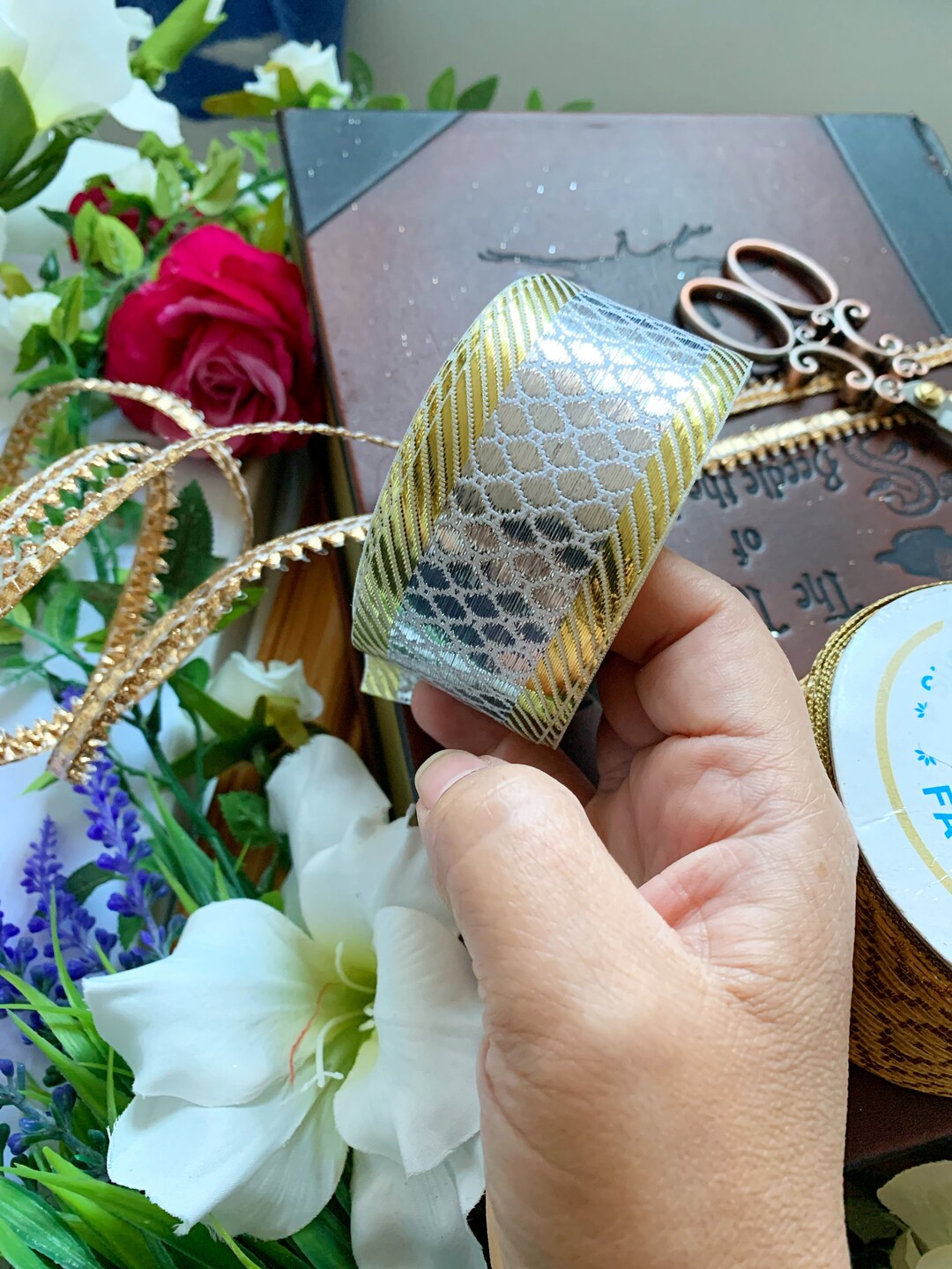 Festive Gold Silver Embossed Ribbon, Table Decotation, Hangings, Home ...