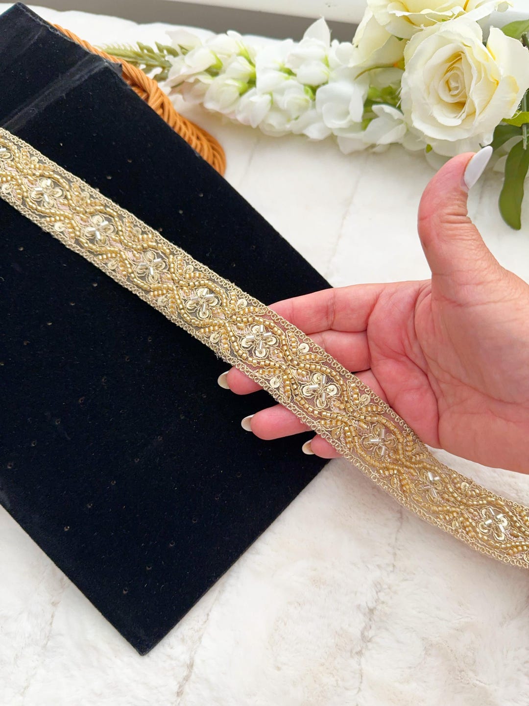 Gold Cutdana Sequin Embroidered Lace Trim: Indian Sari Border, 3cm Wide ...