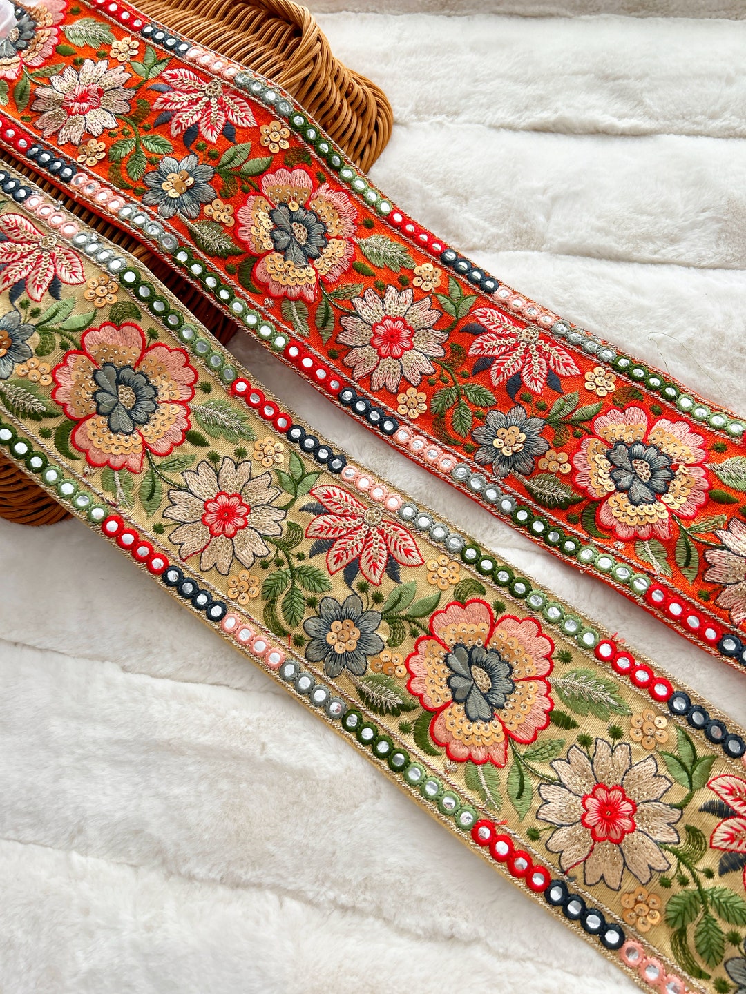 1 Yard Fone / Orange Multi Indian Embroidered Fabric Trim Sari Border ...