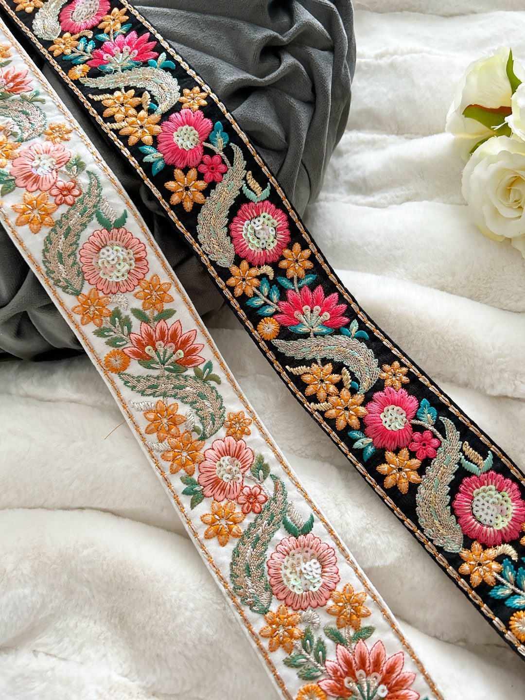 1 Yard Indian Embroidered Trim Embellishment Sari Border Embroidery ...