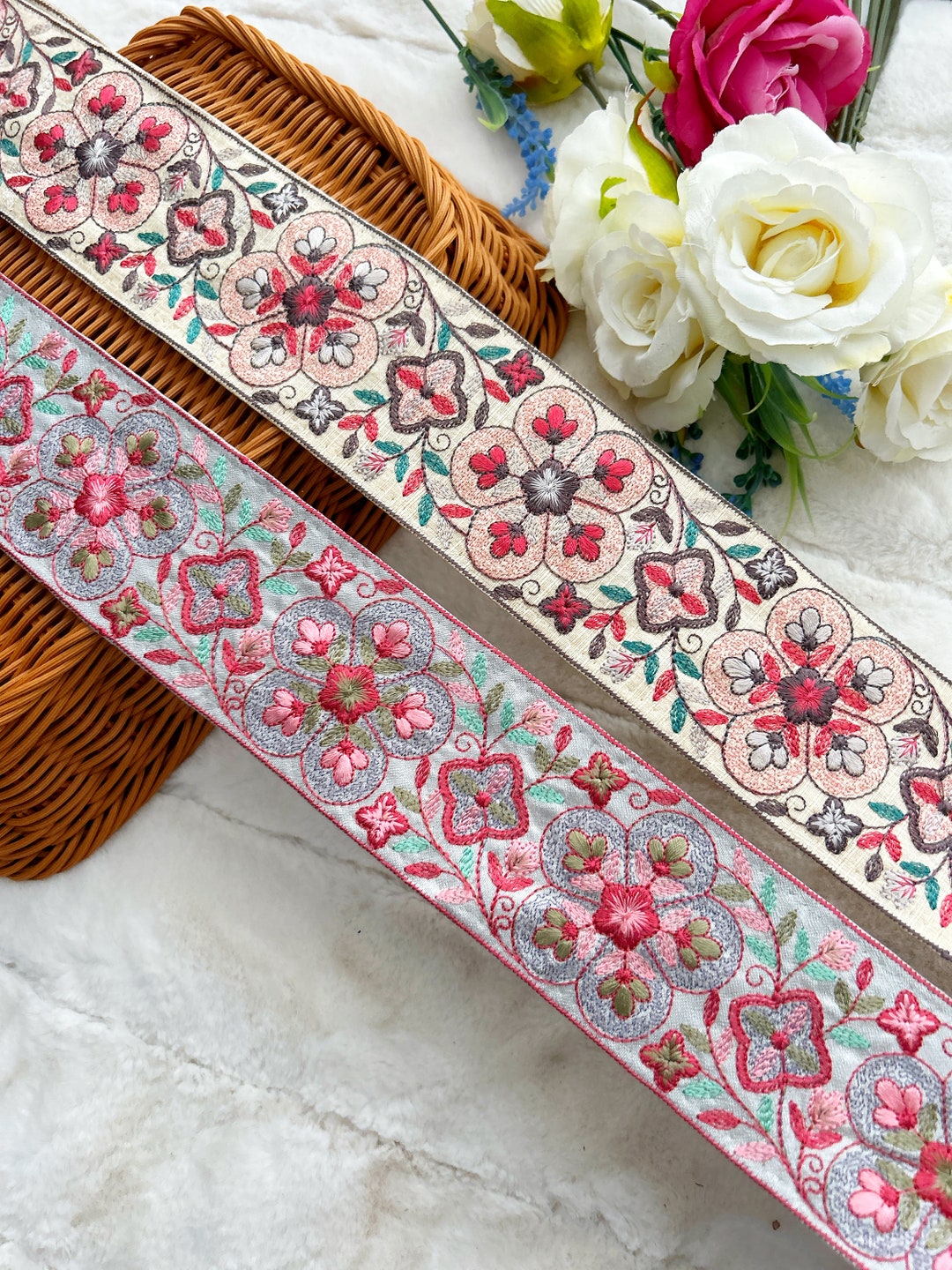 Floral Embroidered Indian Trim: Grey & Cream Sari Border, 6.8cm - Etsy