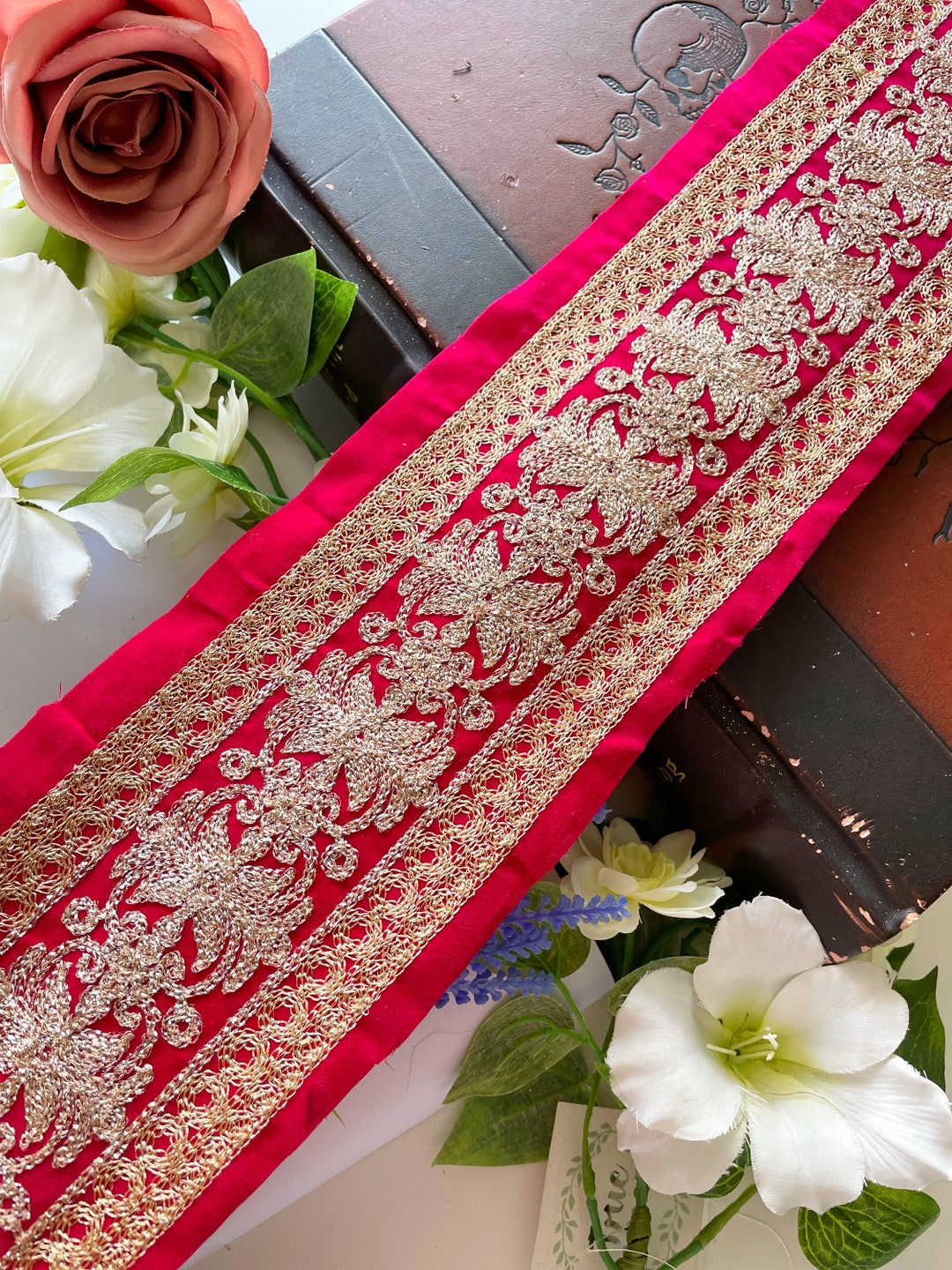 Pink Vintage Zardozi Border Lace: Gold Embellished Indian Sari Trim 1 ...