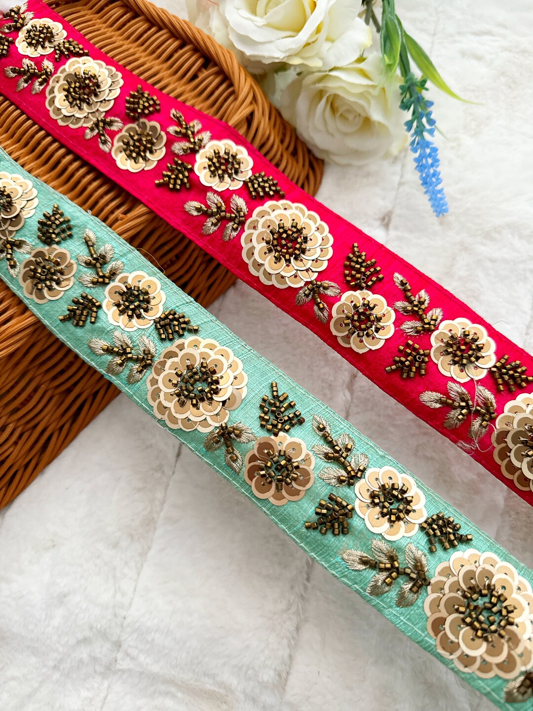 1 Yard Pink / C Green Sequin Cutdana Embellished Embroidered Fabric ...