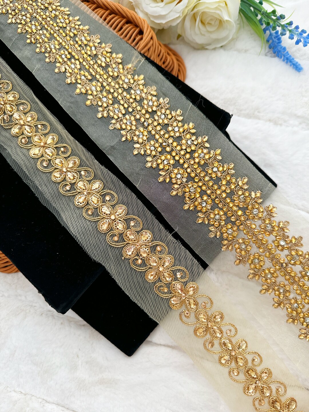 1 Yard Bridal Golden Stone Embellished Decorative Scarf Dupatta Lace Border saree Border Net Fabric Indian Trim Etsy