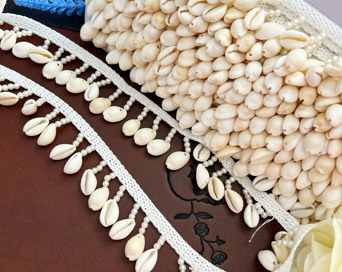 Sea Shells & Wood Fringe Trim Tropical Shell Beach Decor Nautical Theme ...