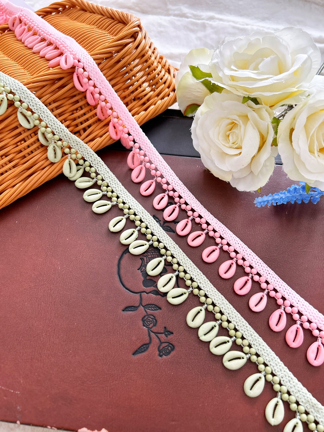 1 Yard Pink/ Pista Indian Cowrie Shell Beaded Trim Bridal Wear ...