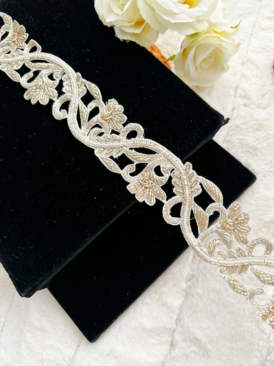 1 Yard White Floral Cutwork Trim: Gold Cutdana Hand Embroidered ...