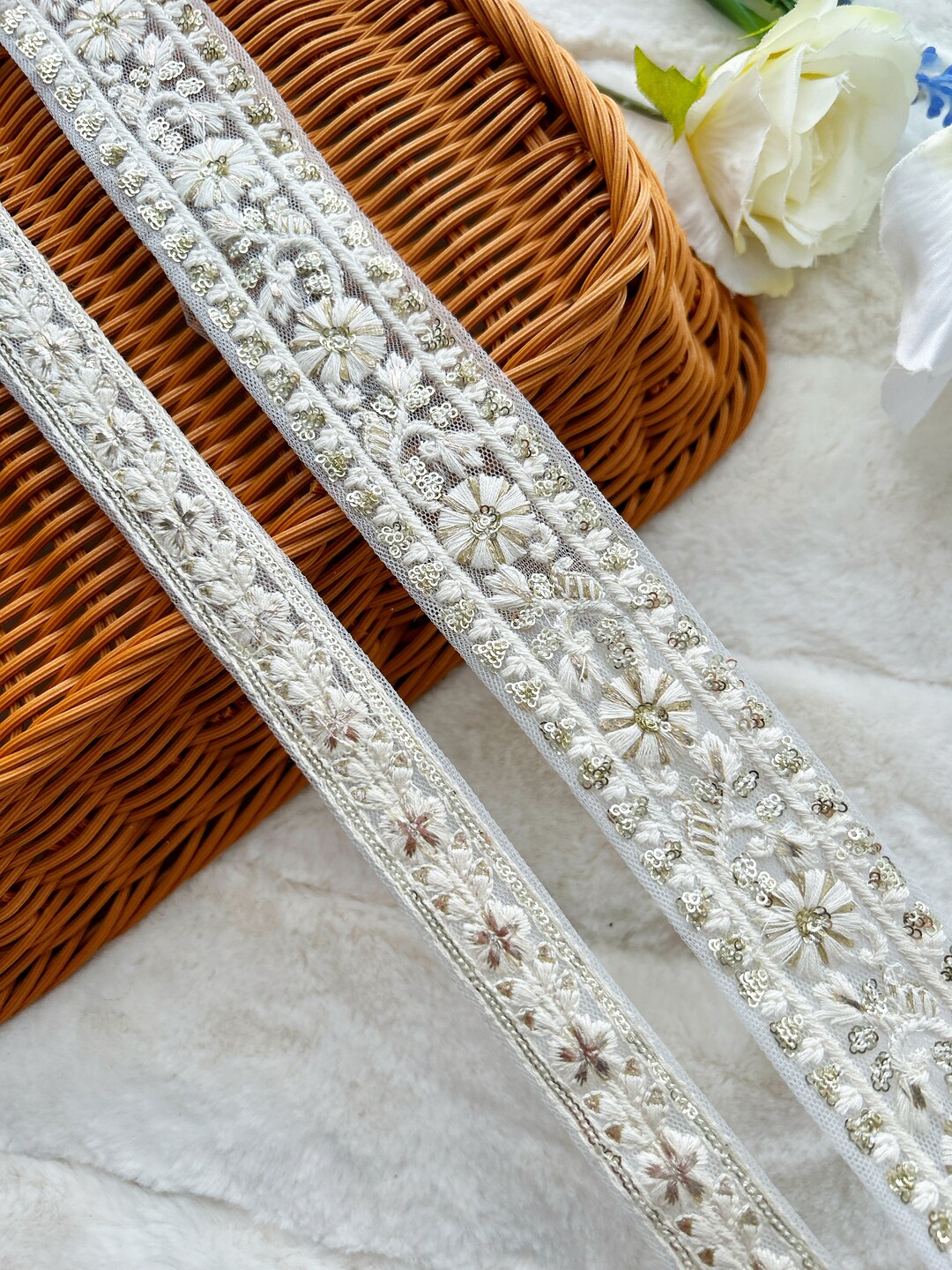 9.5 Yards White Embroidered Indian Trim Sari Pale Gold Sequin ...