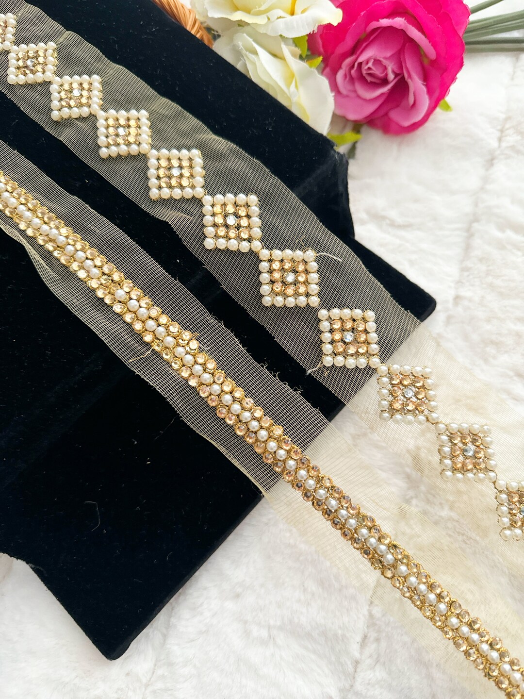 Cream & Gold Pearl Net Fabric Trim: Indian Sari Border Lace (9 Yards ...