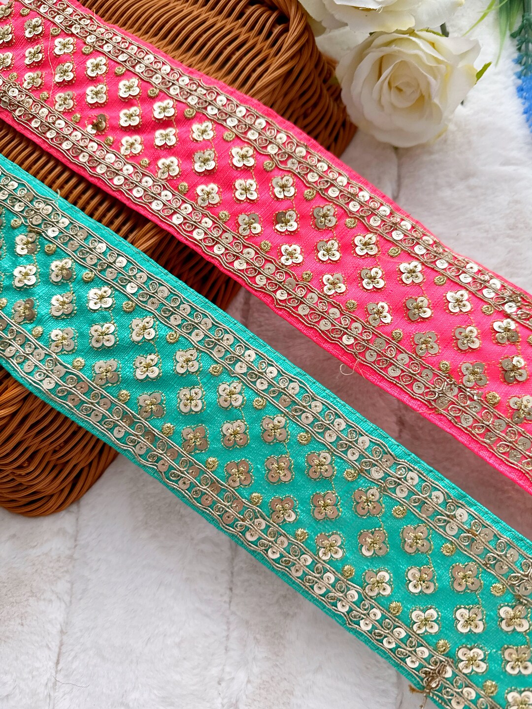 9.5 Yard Gajri Pink/c Green Gold Zari Sequin Embellished Embroidered ...