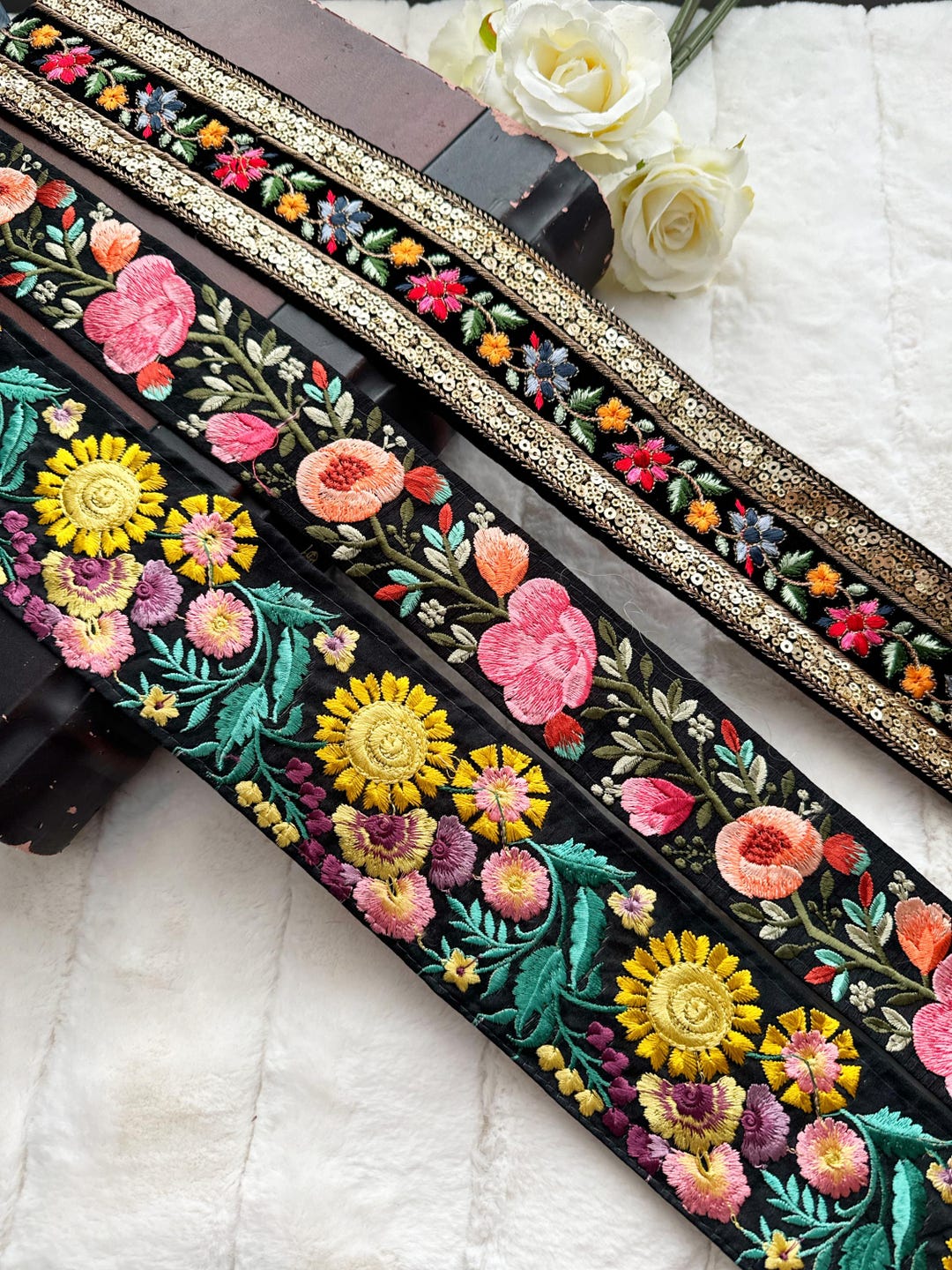 Mixed Bag of 3 Remnants Indian Assorted Embroidered Trims, Decorative ...