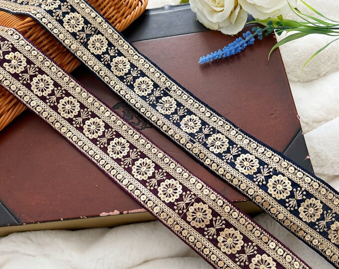 1.39 Yards Black Indian Sari Trims Embroidered Saree Ribbon Sewing ...