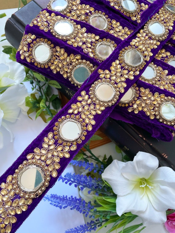 1 Yard Purple Velvet Zari Gold stone Diamante Badla Pearl Embellished Vintage floral Lace Sewing Crafting Embroidered Dress Lace