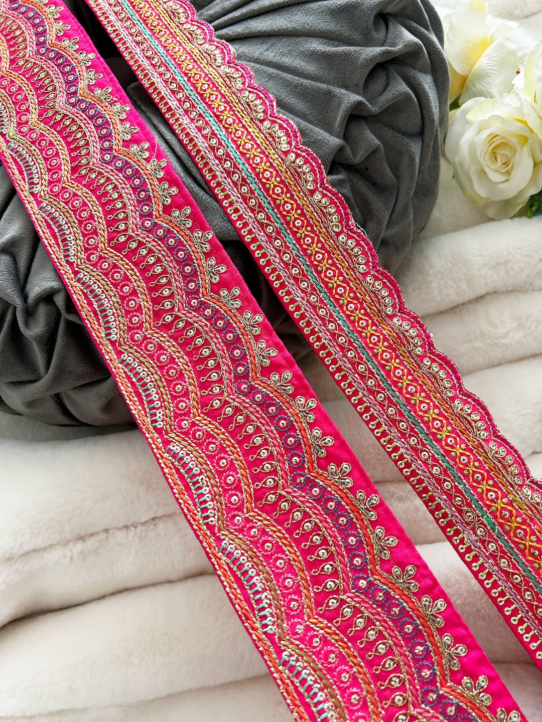 9.5 Yards Pink Multicolour Indian Zari Sequin Embellished Embroidered ...