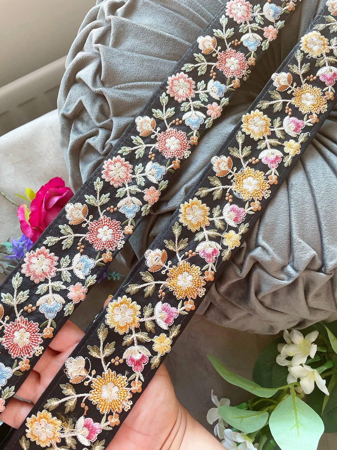 9.5 Yards Embroidered Black Fabric Trim Decorative Embroidery Saree ...