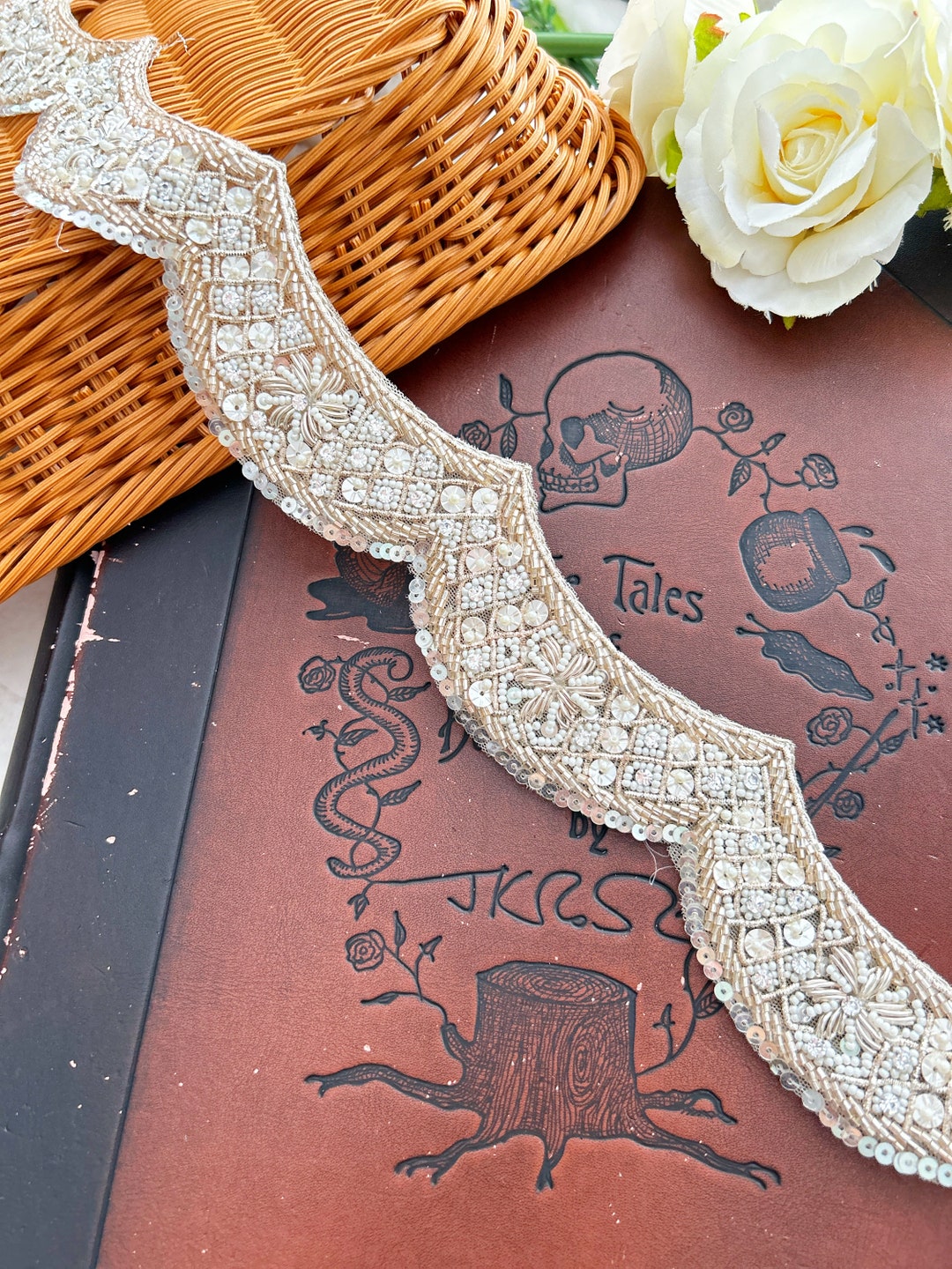 1 Yard Pale Golden Scallop Indian Zari Crystal Pearl Sequin Embellished ...