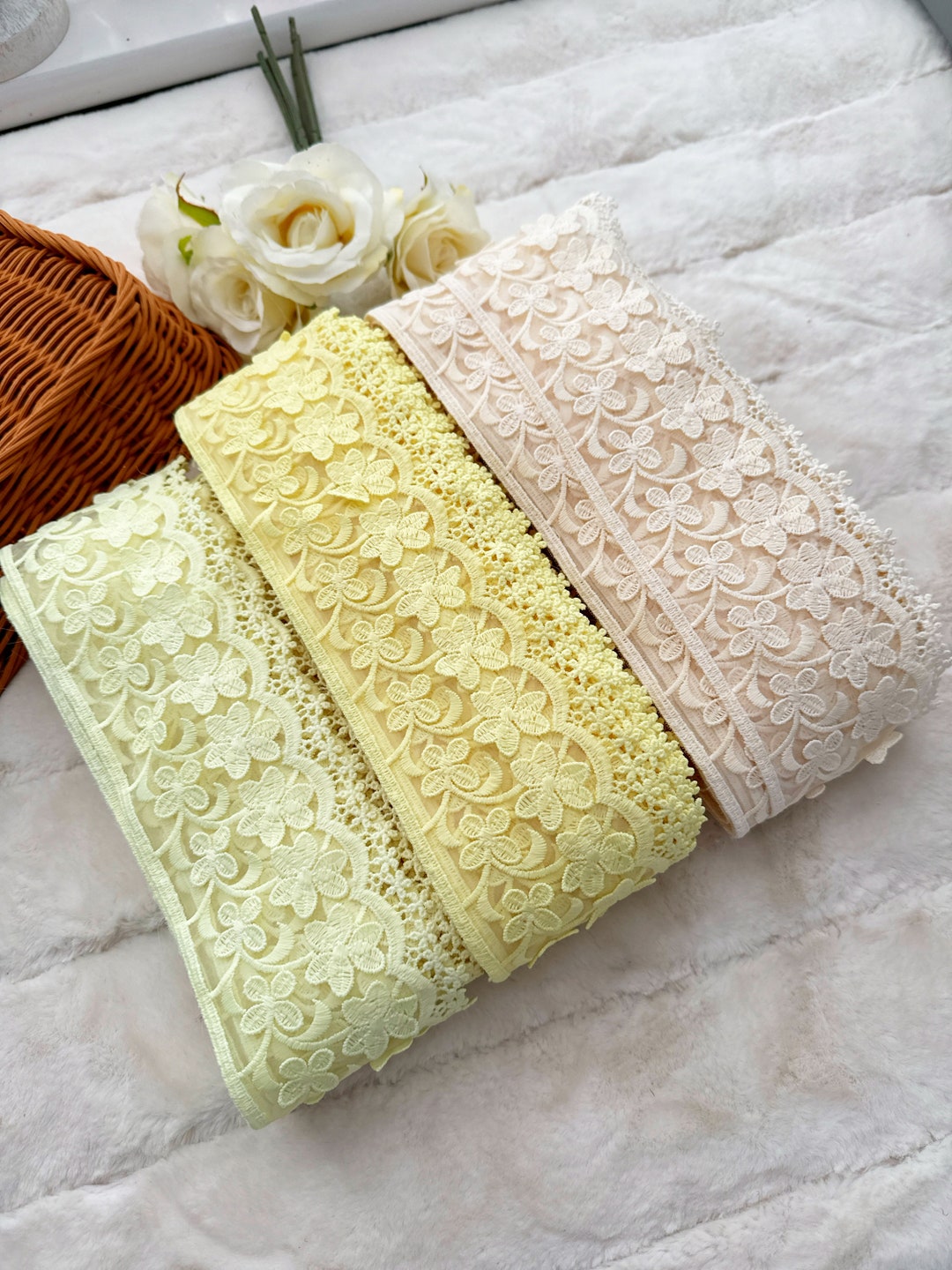 1 Yard Indian Cream, Yellow, Lemon Net Embroidered Lace Trim Sewing ...
