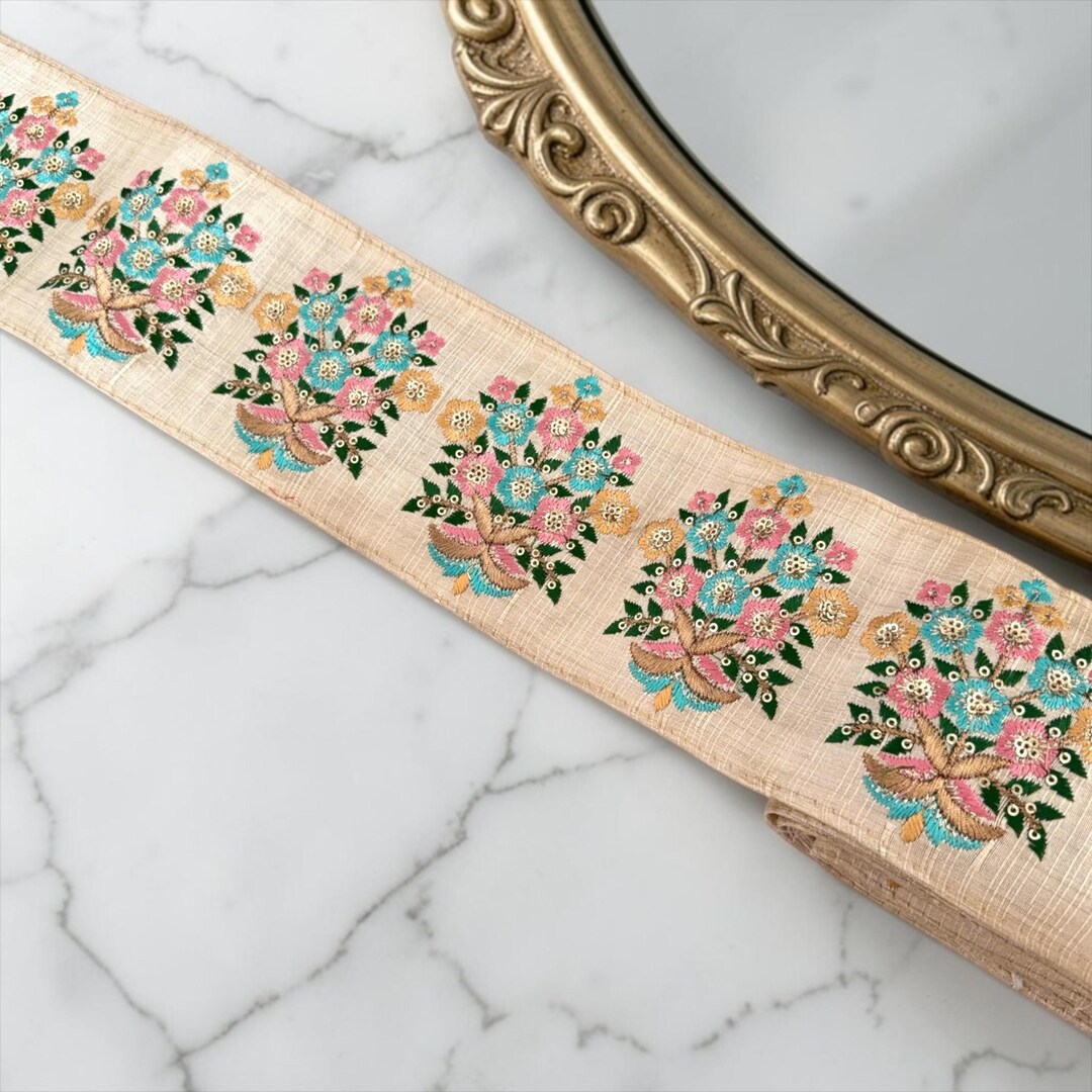 10cm Floral Dupion Silk Trim | 1 Yard | Sequin Embroidered Bouquet ...