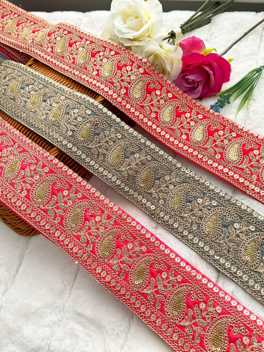 1 Yard Sequin Paisley Embroidered Indian Trim: Red/pink/grey Saree ...