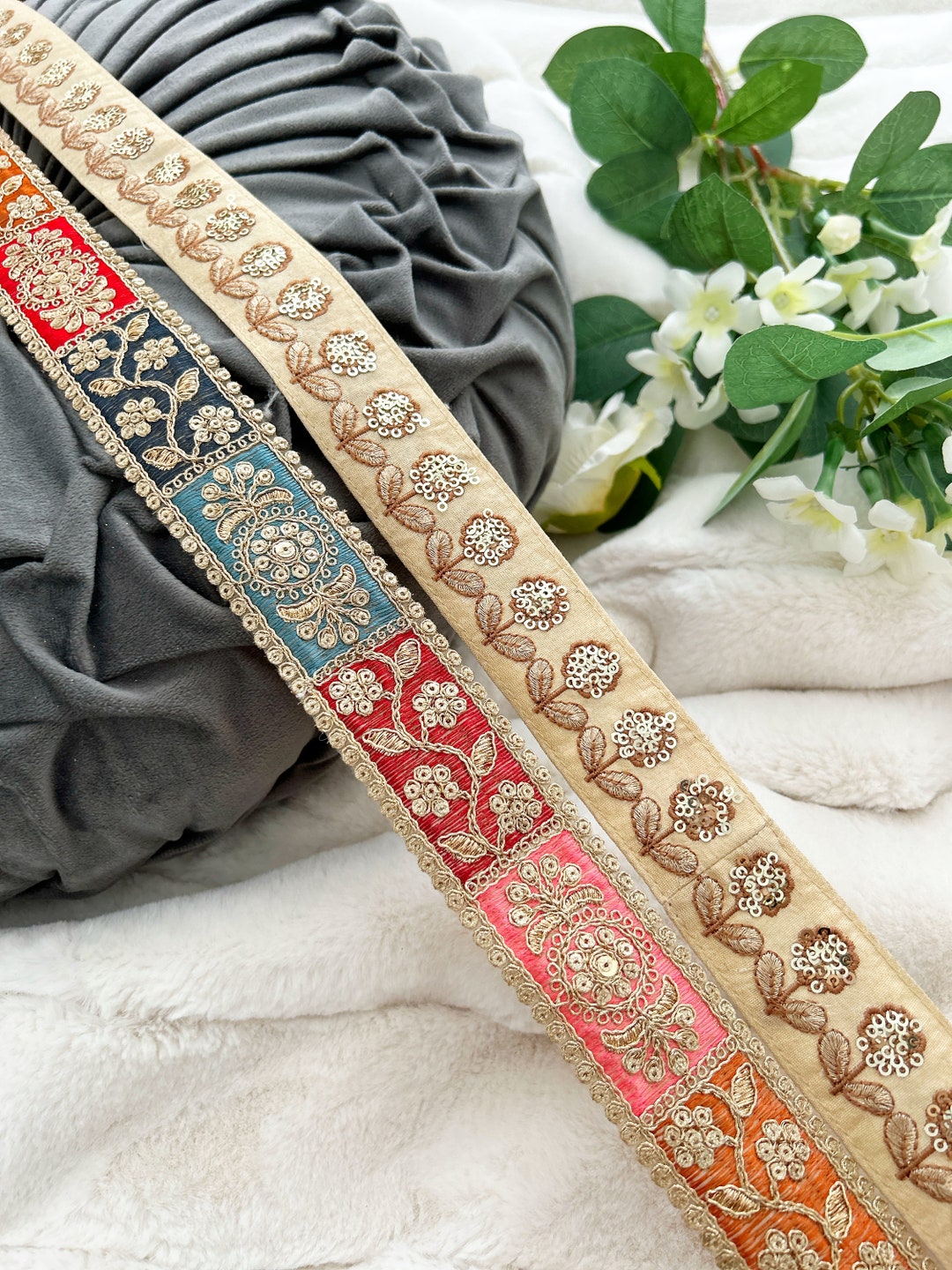 9.5 Yard Fone/ Multicolour Indian Gold Zari Sequin Embellished ...