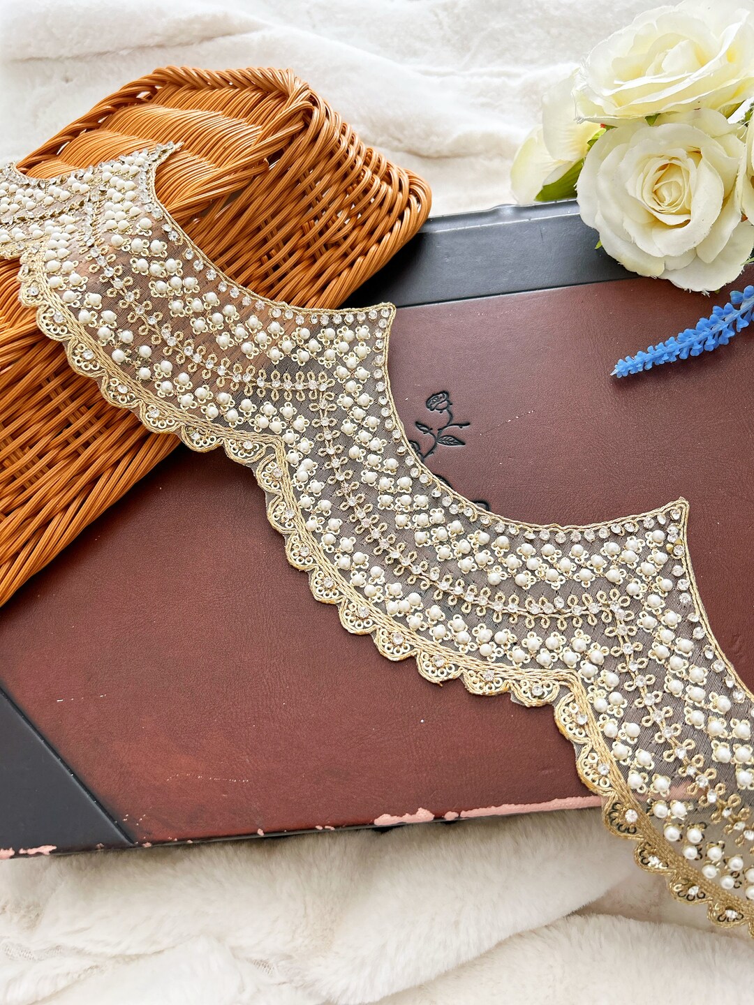 1 Yards Antique Gold Pearl Indian Floral Scallop Fan Zari Stone Pearl ...