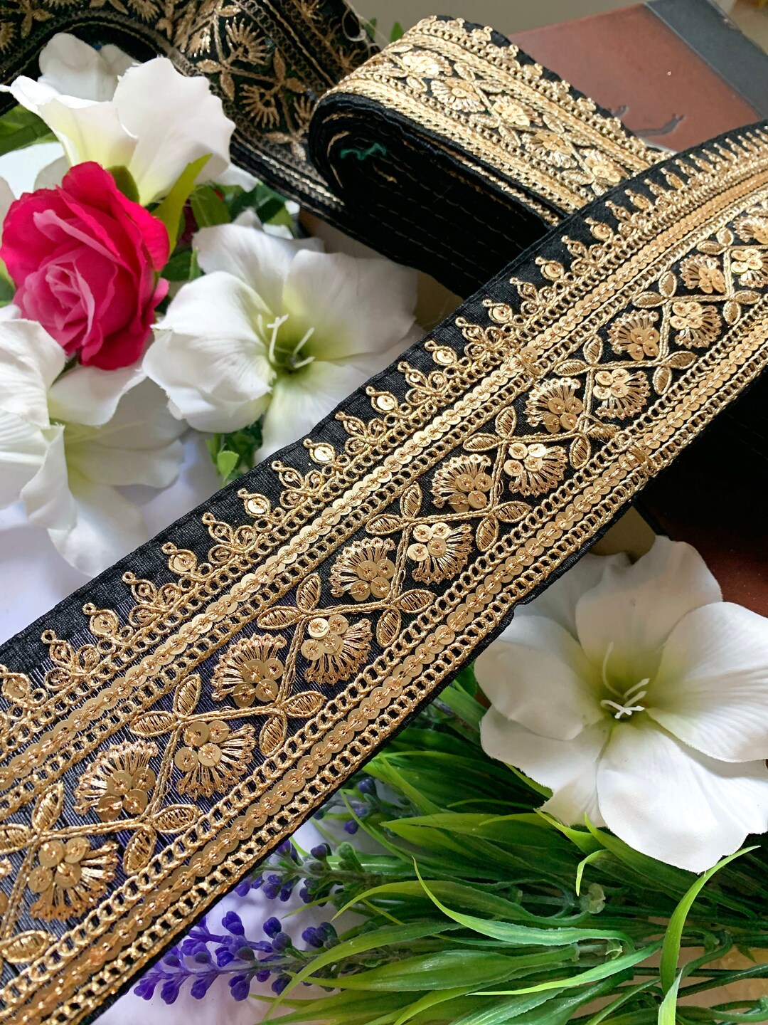 1.39 Yards Black Indian Sari Trims Embroidered Saree Ribbon - Etsy