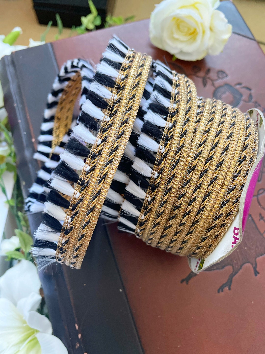 3 Meters/9 Meters Black White Gold Zari Fringe Tassel Trim, Indian Lace ...