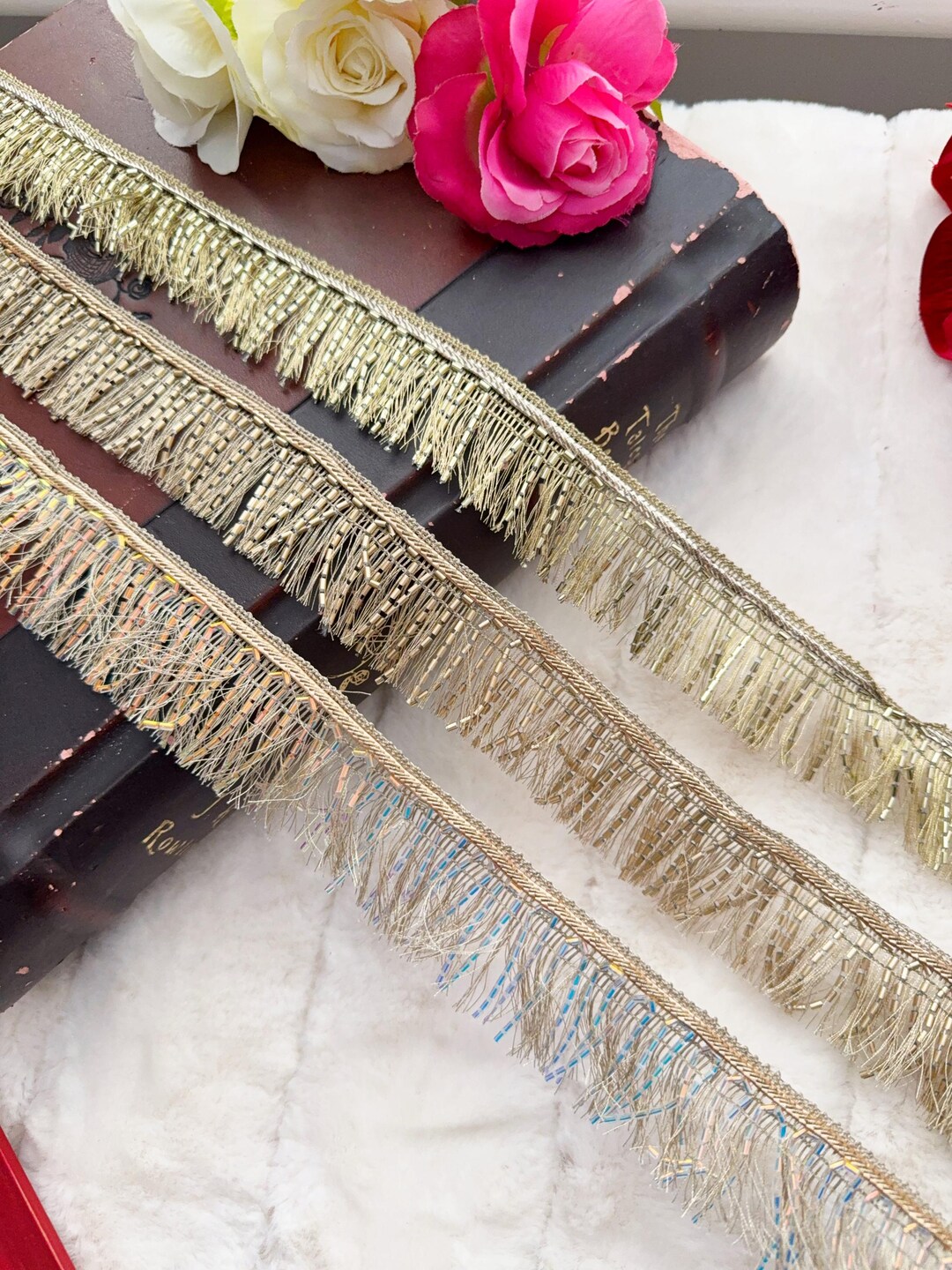Gold Cutdana Zari Fringe Trim: Indian Sari Dupatta Lace (4cm, 9 Yards ...