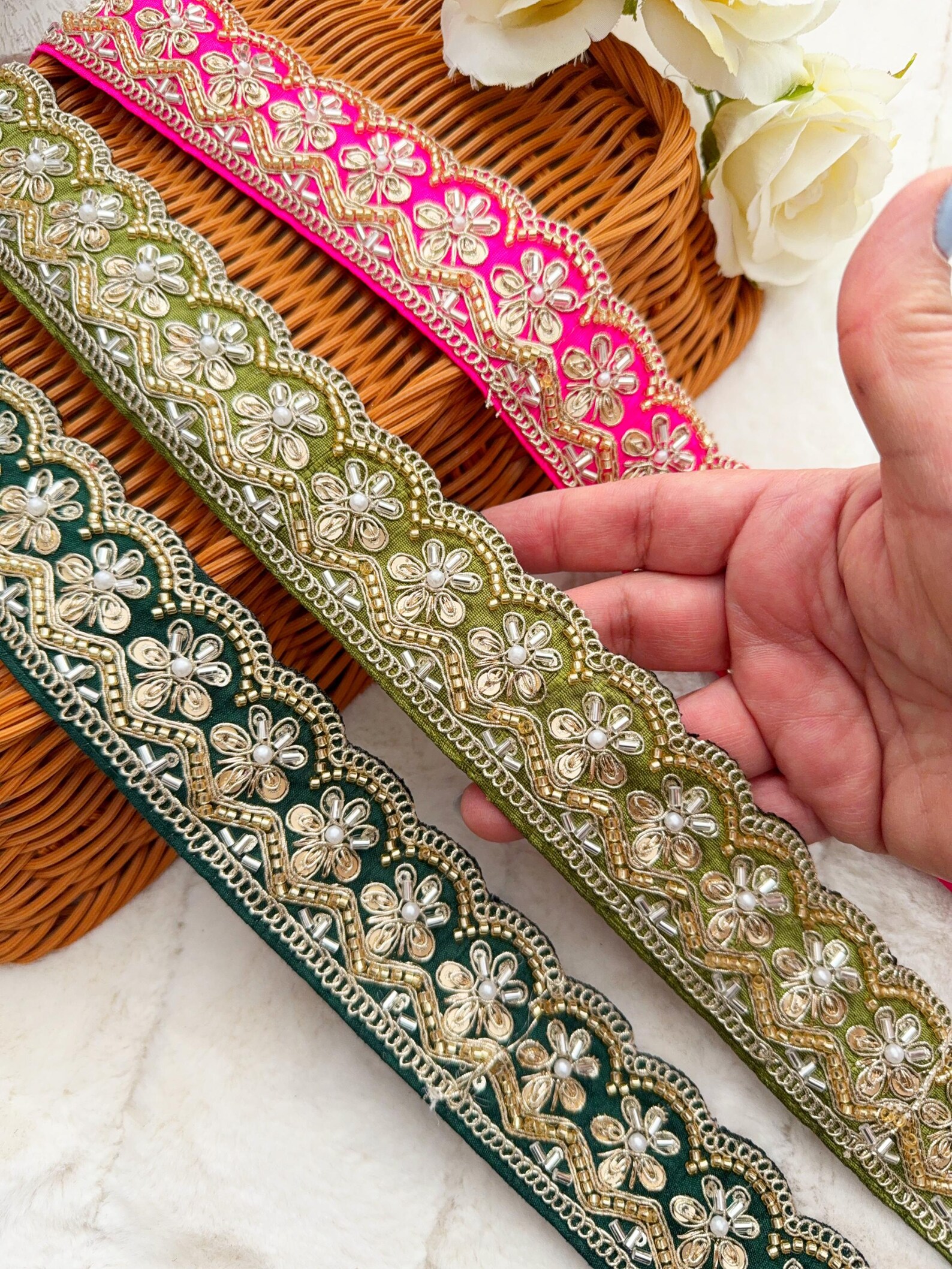Embellished Indian Sari Trim: Rani Pink, Green Pearl Sequin Lace (9.5 ...