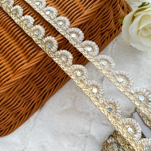 3 Yards Pale Gold/ Gold Mirror Pearl Embellished Indian Zari Scallop Craft Sari Dupatta Kinari ...