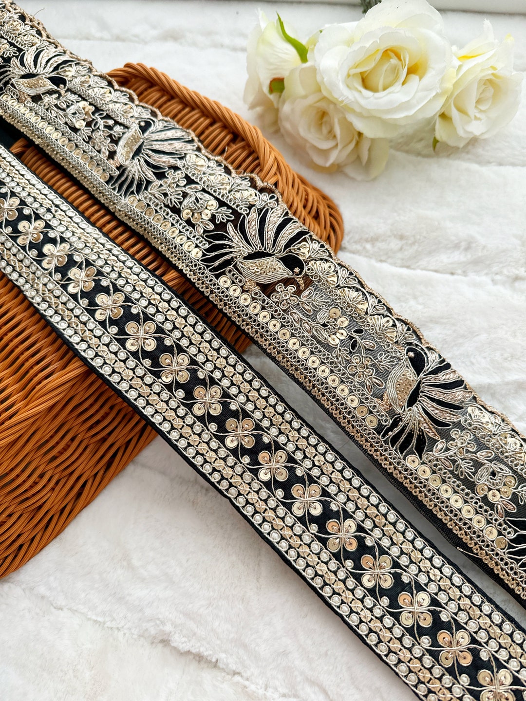 1 Yards Indian Black Bridal Bird Floral Saree Border Net Fabric Trim ...