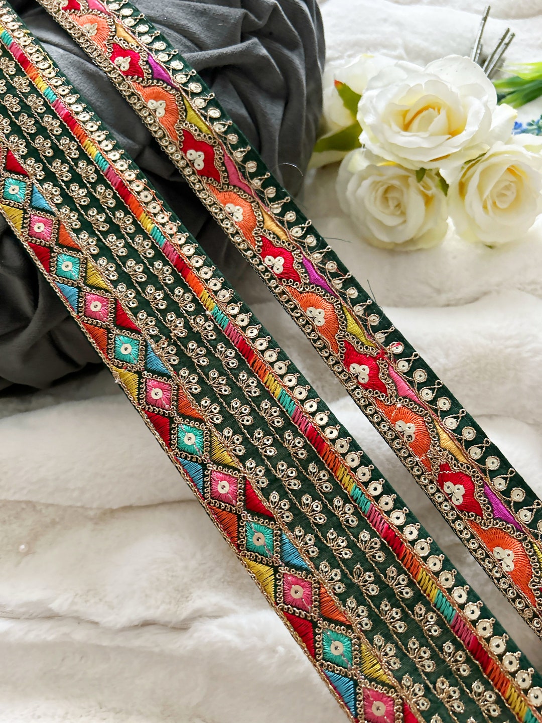 Bottle Green Embroidered Saree Border: Indian Zari Sequin Trim (9.5 ...