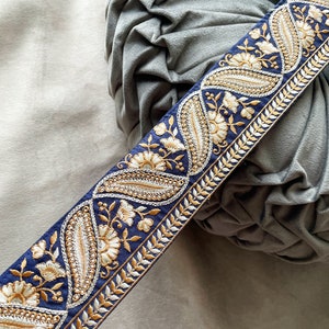 1 Yards Navy Blue Embroidered Fabric Trim Indian Crafting Sari Border Saree Laces Sewing ...