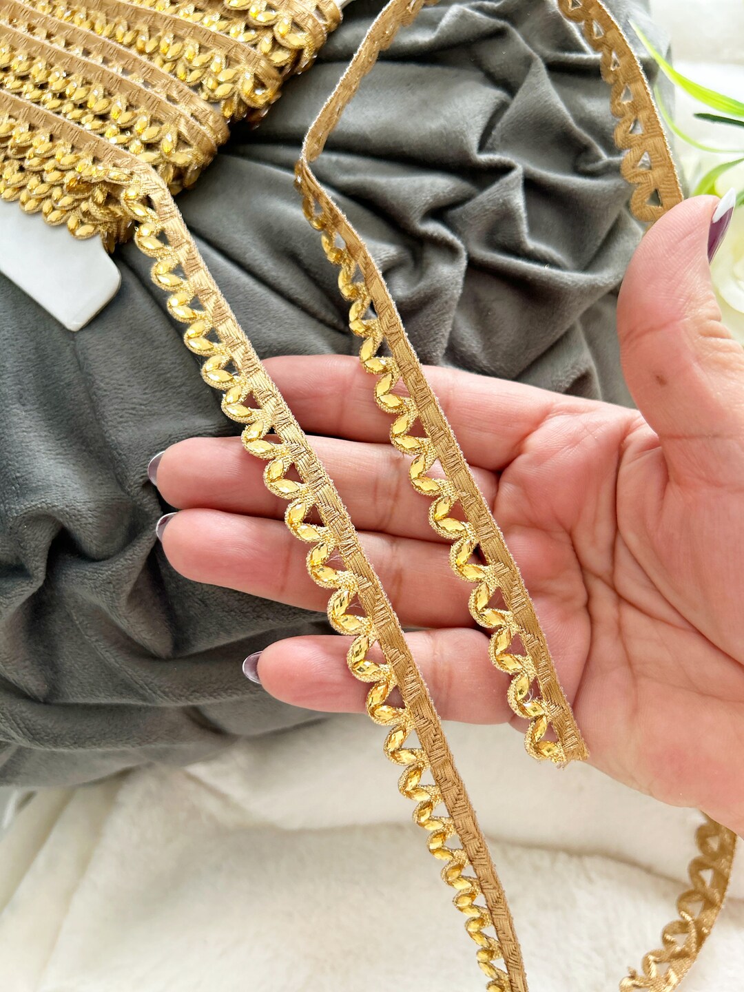 9 Yards Gold Indian Zari Stone Embellished Craft Supply Trimming Dress ...