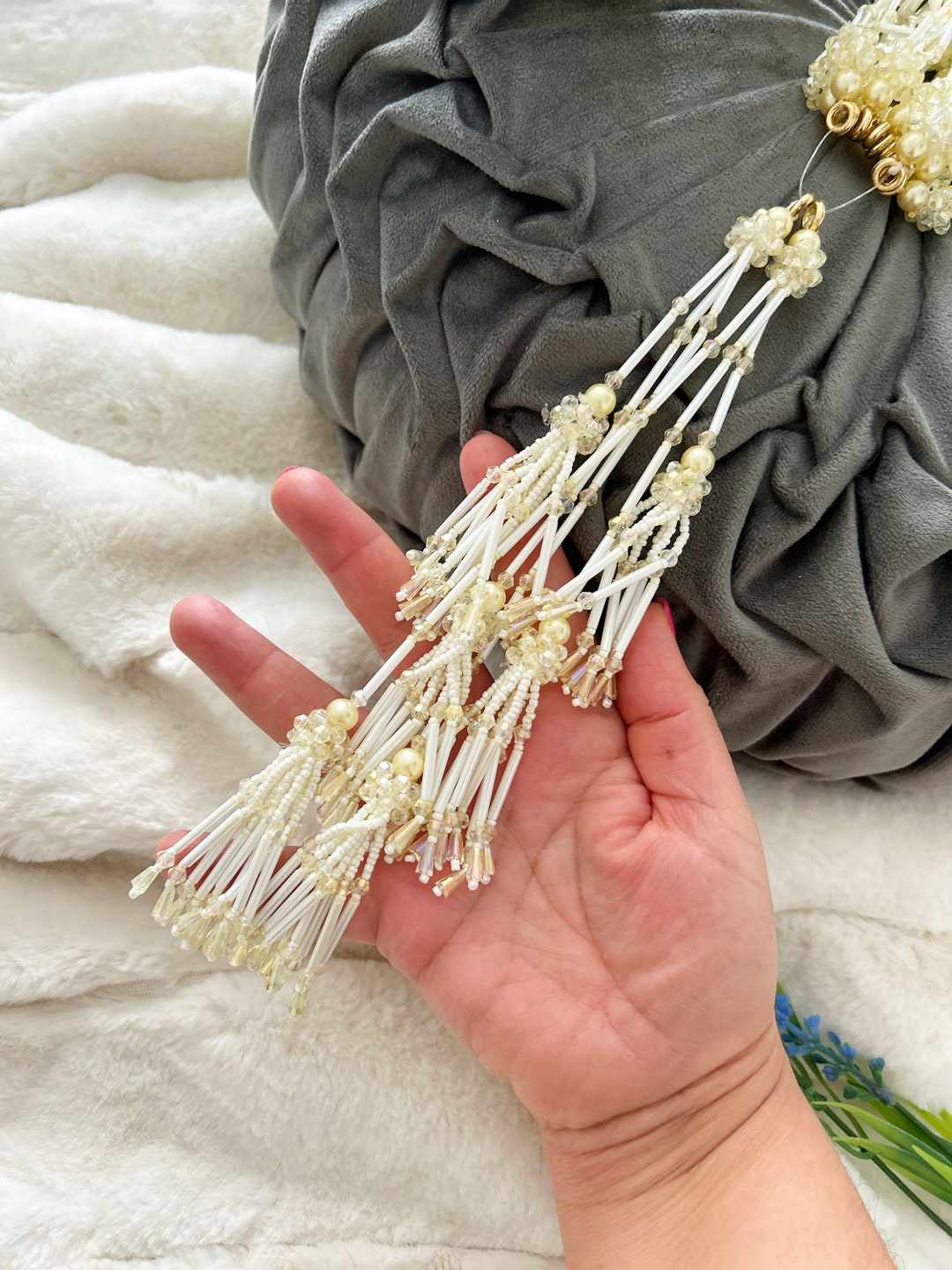 Cream Pearl Crystal Cutdana Multi String Embellished, Bridal Tassels ...
