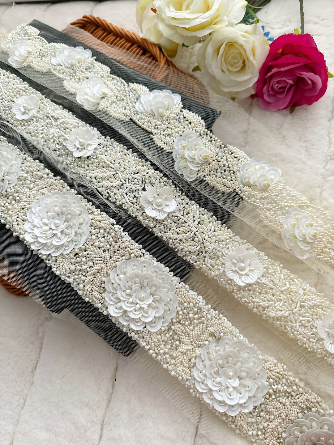 1 Meter Cutwork White Floral Trim Hand Embroidered Trim Diamante White ...