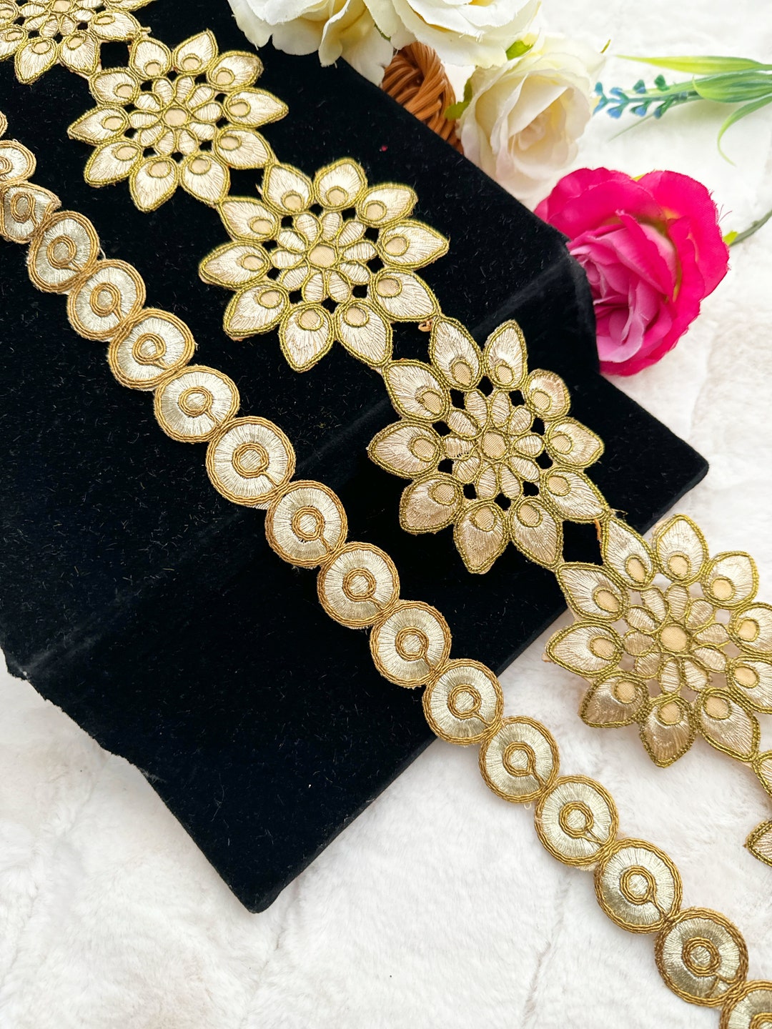 Gold Floral Embroidered Indian Trim: Cutwork Zari Sari Border (9.5 ...