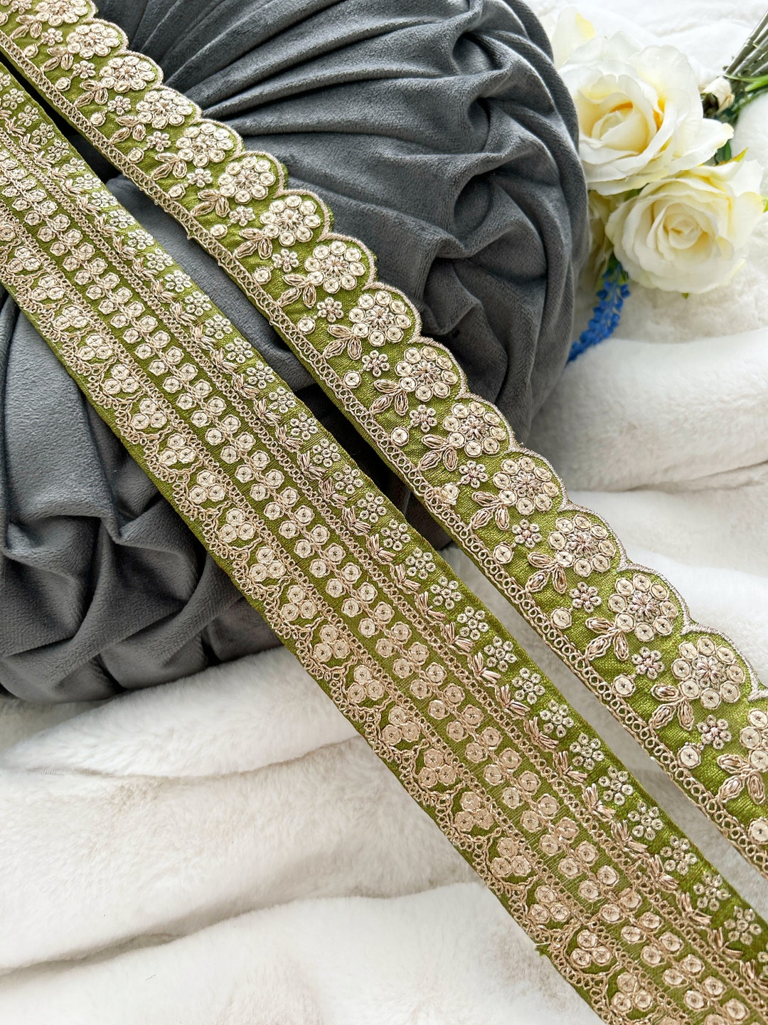 9.5 Yards Mehandi Green Indian Zari Sequin Embellished Embroidered Hats ...