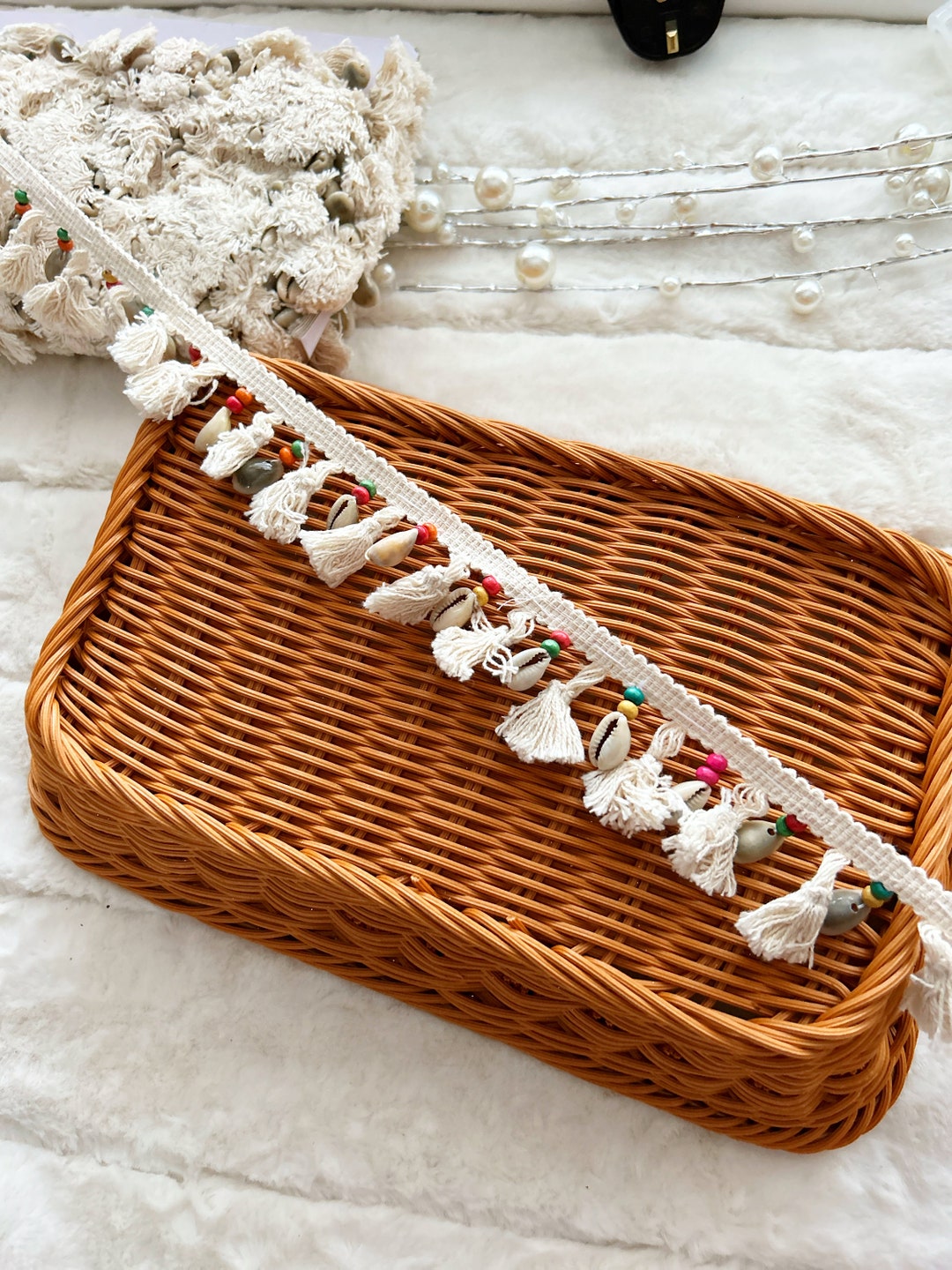 1 Yards Cotton Crochet Colour Bead Cowrie Shell Embellished Lace Trim ...