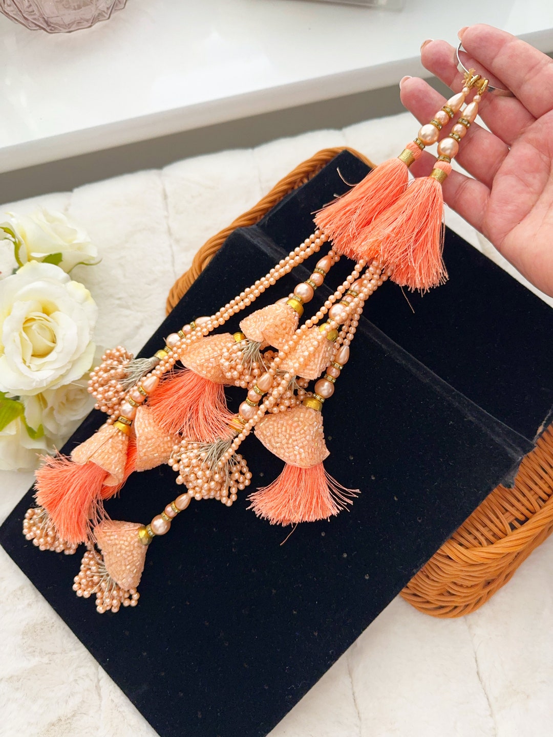 Peach Fringe Multi String Peach Bead Pearl Cut Dana Tops, Purse ...