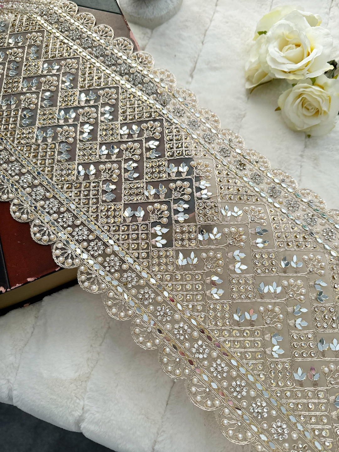 1 Yard Indian Mirror Pearl Crystal Embellished Net Trim Border Lace ...