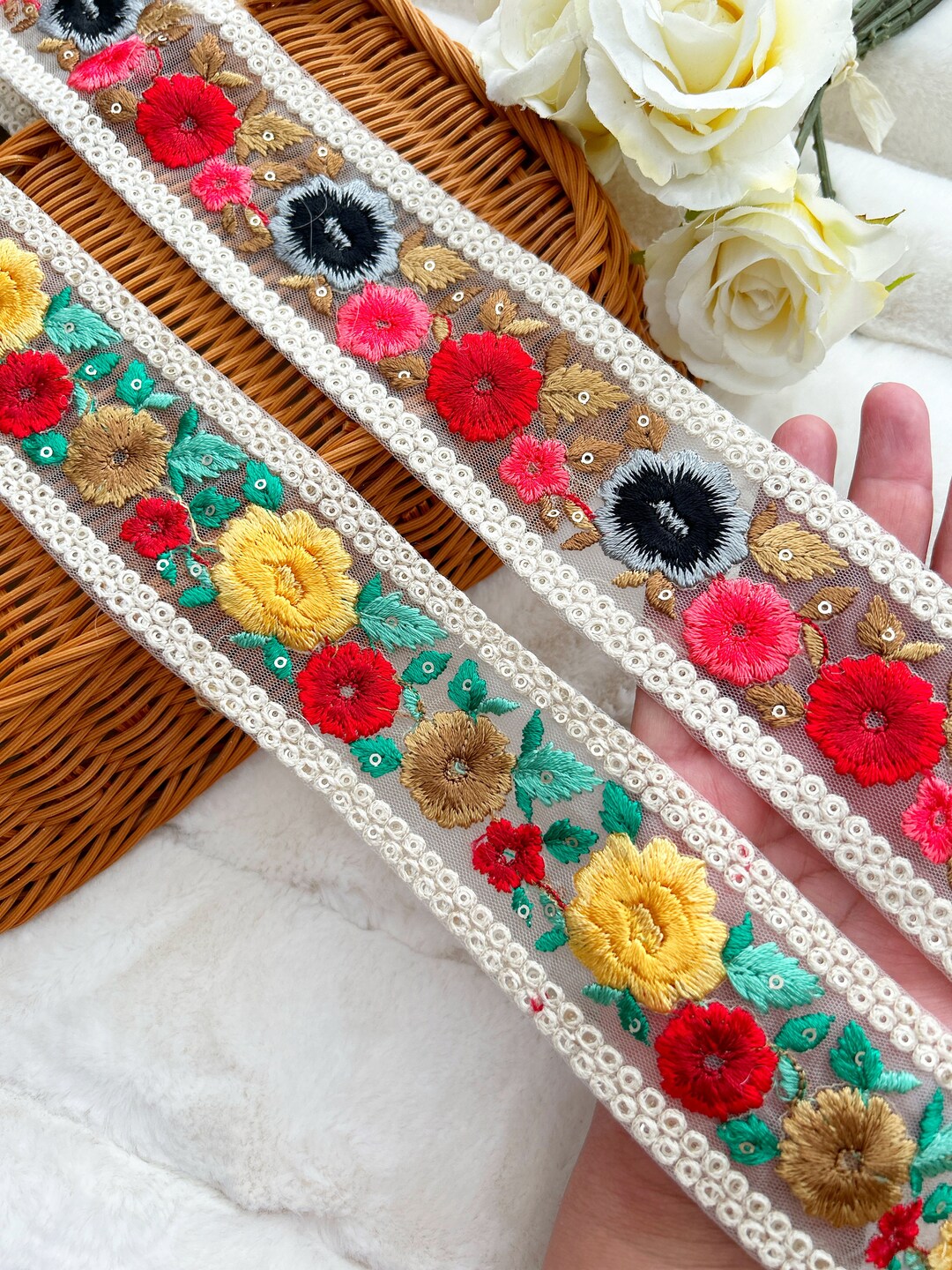 Floral Sequin Embroidered Net Trim: Grey & Yellow Indian Lace (6.4 Cm ...